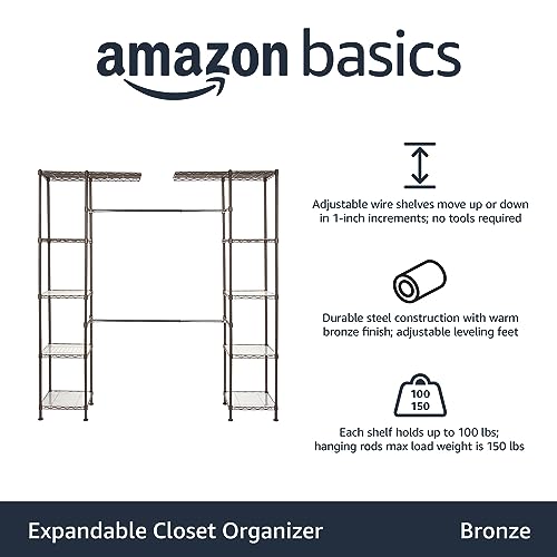 Amazon Basics Expandable Metal Hanging Storage Organizer Rack Wardrobe with Shelves, 57''-80''L X 14''WX72''H, Bronze