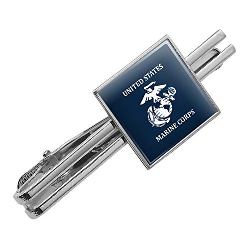 United States Marine Corps USMC White Blue Logo Officially Licensed Square Tie Bar Clip Clasp Tack- Silver or Gold