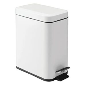 mdesign small modern 1.3 gallon rectangle metal lidded step trash can, compact garbage bin with removable liner bucket and handle for bathroom, kitchen, craft room, office, garage - white