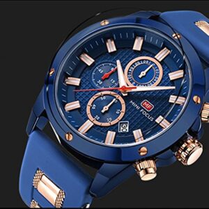 Mini Focus Mens Watch Casual Sports Watches (Chronograph/Waterproof/Luminous/Calendar) Silicon Band Fashion Quartz Watch for Men (Blue)