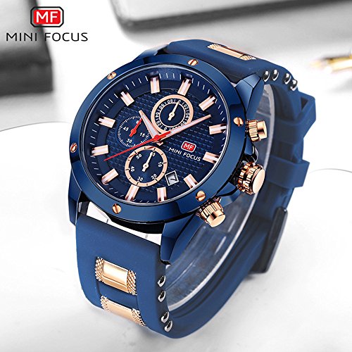 Mini Focus Mens Watch Casual Sports Watches (Chronograph/Waterproof/Luminous/Calendar) Silicon Band Fashion Quartz Watch for Men (Blue)