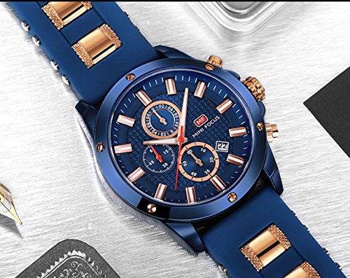 Mini Focus Mens Watch Casual Sports Watches (Chronograph/Waterproof/Luminous/Calendar) Silicon Band Fashion Quartz Watch for Men (Blue)