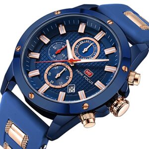 Mini Focus Mens Watch Casual Sports Watches (Chronograph/Waterproof/Luminous/Calendar) Silicon Band Fashion Quartz Watch for Men (Blue)