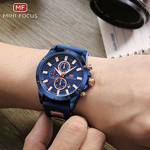 Mini Focus Mens Watch Casual Sports Watches (Chronograph/Waterproof/Luminous/Calendar) Silicon Band Fashion Quartz Watch for Men (Blue)