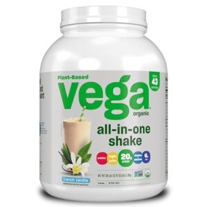 vega organic all-in-one vegan protein powder, french vanilla -superfood ingredients, vitamins for immunity support, keto friendly, pea protein for women & men, 3.1 lbs (packaging may vary)