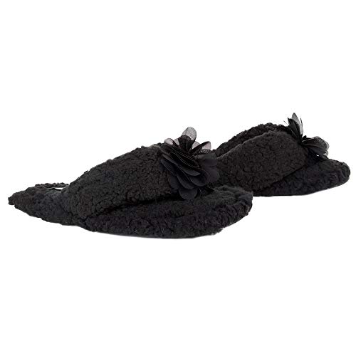 Jessica Simpson womens Fluffy Plush Slide-on Sandal House With Memory Foam Slipper, Black Rosette, Medium US