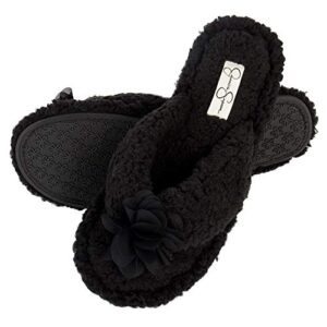 Jessica Simpson womens Fluffy Plush Slide-on Sandal House With Memory Foam Slipper, Black Rosette, Medium US