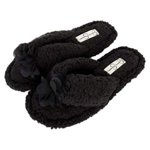 Jessica Simpson womens Fluffy Plush Slide-on Sandal House With Memory Foam Slipper, Black Rosette, Medium US