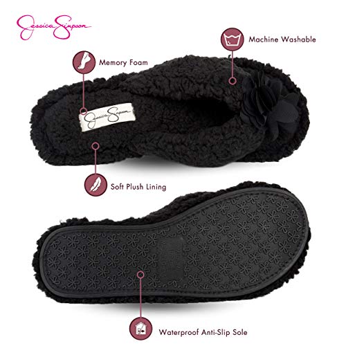 Jessica Simpson womens Fluffy Plush Slide-on Sandal House With Memory Foam Slipper, Black Rosette, Medium US