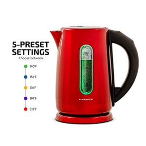 OVENTE Electric Tea Kettle Stainless Steel 1.7 Liter Instant Hot Water Boiler Heater Cordless with Temperature Control, Automatic Shut Off and Keep Warm Function for Coffee Milk Chocolate Red KS58R