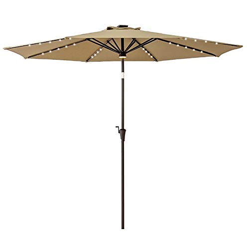 FLAME&SHADE 10 ft Solar Powered Outdoor Market Patio Table Umbrella with LED Lights and Tilt, Beige