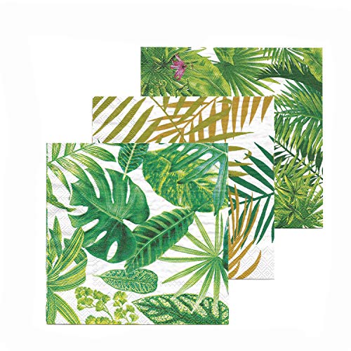 The Palm Leaf Napkins, 3 Packs of 20, 3 Ply Paper, Luncheon Size 6 3/4 x 6 3/4 Inches, 3 Vibrant Patterns: Palms and Leaves, Palm Fronds and Green Leaf and Purple Blossoms