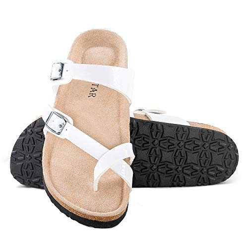 TF STAR Adjustable Sandals, Flat Leather Casual Slippers for Women & Ladies, Flip-Flops Ring Open-Toe Slide Cork Footbed for Teenagers/Girls