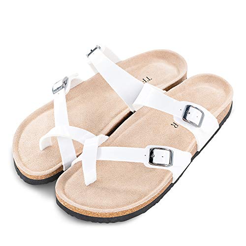 TF STAR Adjustable Sandals, Flat Leather Casual Slippers for Women & Ladies, Flip-Flops Ring Open-Toe Slide Cork Footbed for Teenagers/Girls