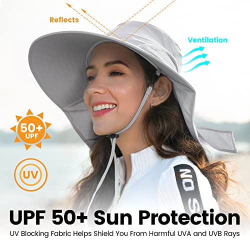 Womens Sun Hat Packable Neck Cover UPF 50- Wide Brim, Light Grey, Size One Size