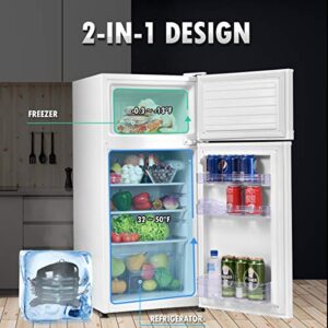 COSTWAY Compact Refrigerator, 3.4 Cu. Ft. Classic Fridge with Adjustable Removable Glass Shelves, Mechanical Control, Recessed Handle, Fridge Freezer for Dorm, Office, Apartment, White