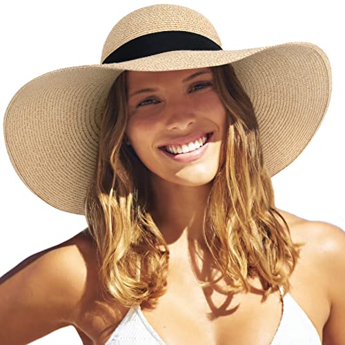 Sun Straw Hat Wide Brim UPF 50 Summer Foldable Roll up Floppy Beach Hats for Women