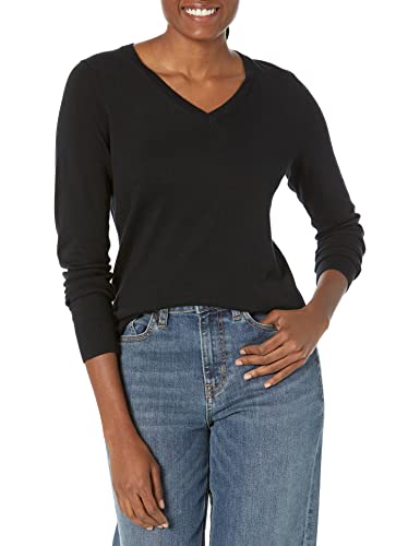 Amazon Essentials Women's Classic-Fit Lightweight Long-Sleeve V-Neck Sweater (Available in Plus Size), Black, Large