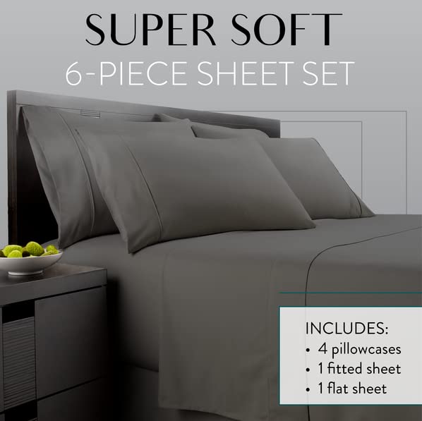 Danjor Linens California King Sheet Set - 6 Piece Set Including 4 Pillowcases - Deep Pockets - Breathable, Soft Bed Sheets - Wrinkle Free - Machine Washable - Gray Cal King Bed Sheets - 6 pc