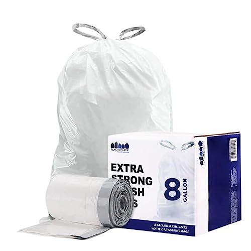 Plasticplace 8 Gallon Trash Bags │ 0.7 Mil │ White Drawstring Garbage Can Liners │ 22" x 22" (100 Count)