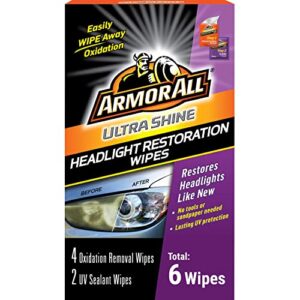 car headlights cleaner wipes by armor all, cleaning wipes for headlights for cars, trucks, mortocycles, 6 wipes each