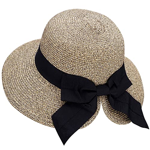 Verabella Sun Hat Womens Wide Brimed Floppy Hat Women's Hats UPF 50+ Foldable/Packable Straw Sun Beach Hat Pool Hat Straw Hat Women for Vacation, Beige/Coffee