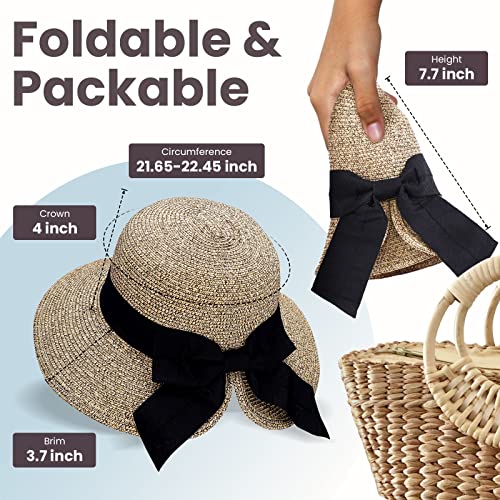 Verabella Sun Hat Womens Wide Brimed Floppy Hat Women's Hats UPF 50+ Foldable/Packable Straw Sun Beach Hat Pool Hat Straw Hat Women for Vacation, Beige/Coffee