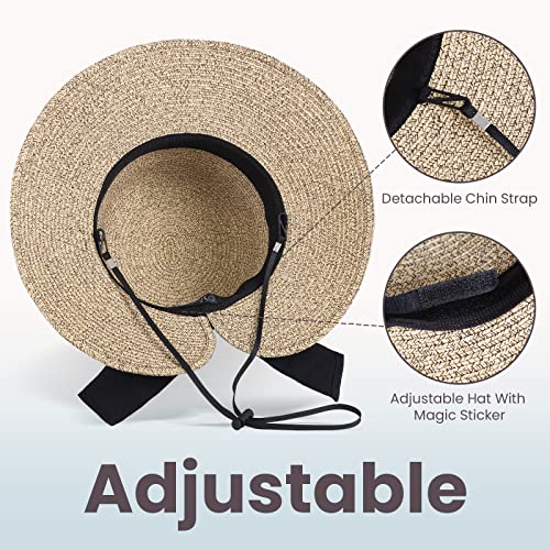 Verabella Sun Hat Womens Wide Brimed Floppy Hat Women's Hats UPF 50+ Foldable/Packable Straw Sun Beach Hat Pool Hat Straw Hat Women for Vacation, Beige/Coffee