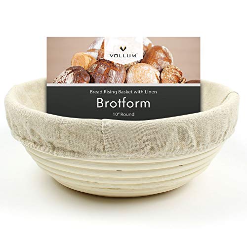 Vollum Bread Proofing Basket Banneton Baking Supplies for Beginners & Professional Bakers, Handwoven Rattan Cane Bread Maker with Linen for Artisan Breads, 10 x 4.25 Inch, 2-Pound Round Brotform