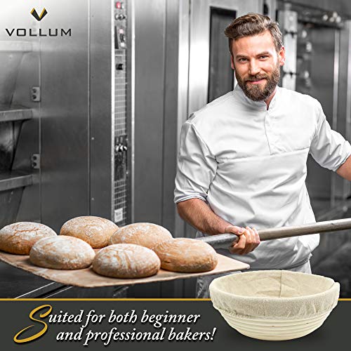 Vollum Bread Proofing Basket Banneton Baking Supplies for Beginners & Professional Bakers, Handwoven Rattan Cane Bread Maker with Linen for Artisan Breads, 10 x 4.25 Inch, 2-Pound Round Brotform