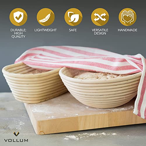 Vollum Bread Proofing Basket Banneton Baking Supplies for Beginners & Professional Bakers, Handwoven Rattan Cane Bread Maker with Linen for Artisan Breads, 10 x 4.25 Inch, 2-Pound Round Brotform