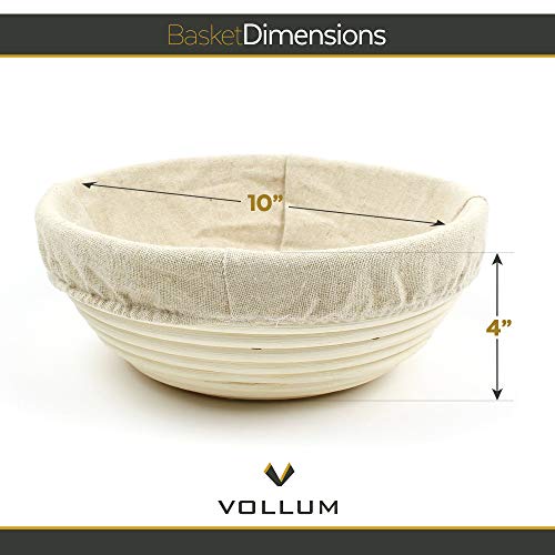 Vollum Bread Proofing Basket Banneton Baking Supplies for Beginners & Professional Bakers, Handwoven Rattan Cane Bread Maker with Linen for Artisan Breads, 10 x 4.25 Inch, 2-Pound Round Brotform