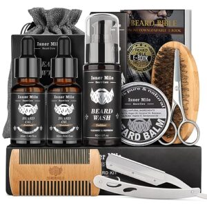 isner mile beard kit for men, grooming & trimming tool complete set with shampoo wash, beard care growth oil, balm, brush, comb, scissors & storage bag, perfect gifts for him man dad father boyfriend