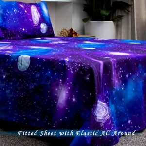 Bedlifes Galaxy Sheets Outer Space Sheet Set Galaxy Themed Sheets 3 pcs Flat Sheet& Fitted Sheets with 1 Pillowcases(Purple Twin)