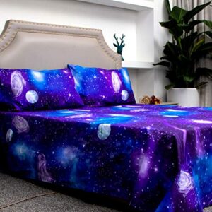 Bedlifes Galaxy Sheets Outer Space Sheet Set Galaxy Themed Sheets 3 pcs Flat Sheet& Fitted Sheets with 1 Pillowcases(Purple Twin)