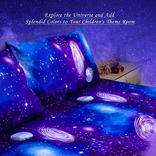 Bedlifes Galaxy Sheets Outer Space Sheet Set Galaxy Themed Sheets 3 pcs Flat Sheet& Fitted Sheets with 1 Pillowcases(Purple Twin)