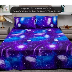 Bedlifes Galaxy Sheets Outer Space Sheet Set Galaxy Themed Sheets 3 pcs Flat Sheet& Fitted Sheets with 1 Pillowcases(Purple Twin)