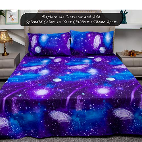 Bedlifes Galaxy Sheets Outer Space Sheet Set Galaxy Themed Sheets 3 pcs Flat Sheet& Fitted Sheets with 1 Pillowcases(Purple Twin)