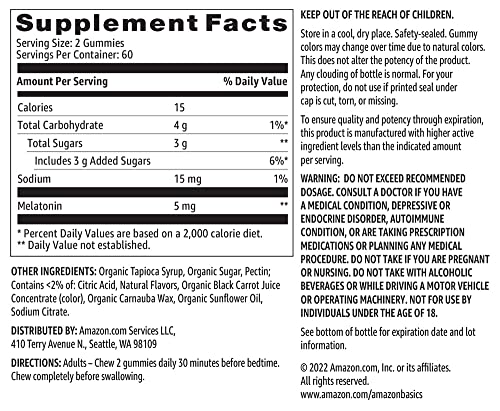 Amazon Basics Melatonin 5mg, 120 Gummies (2 per Serving), Strawberry (Previously Solimo)