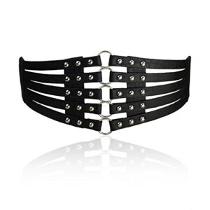 fashion women's pu leather wide waist belt hollow out rivets stretch cinch waistband, black, small(27''-29'')