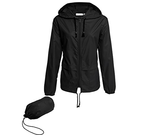 Hount Women's Lightweight Hooded Waterproof Packable Active Casual Rain Jackets (M, Black)