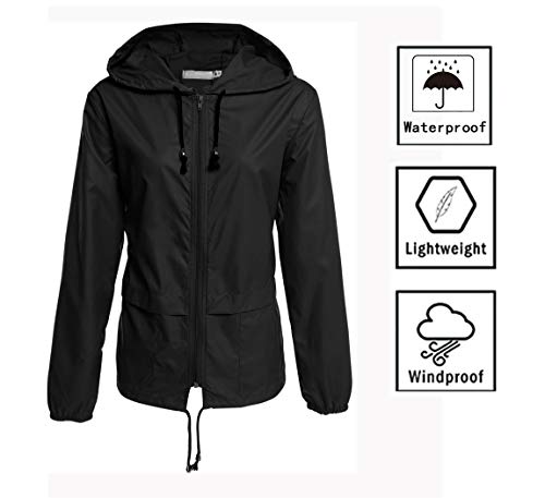 Hount Women's Lightweight Hooded Waterproof Packable Active Casual Rain Jackets (M, Black)