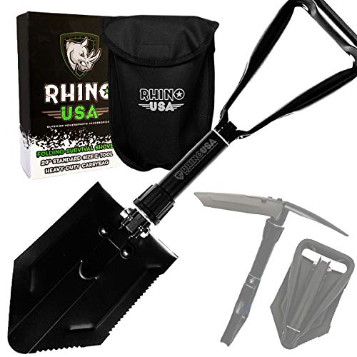 RHINO USA Folding Survival Shovel w/Pick - Heavy Duty Carbon Steel Military Style Entrenching Tool for Off Road, Camping, Gardening, Beach, Digging Dirt, Sand, Mud & Snow.