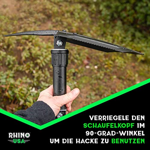 RHINO USA Folding Survival Shovel w/Pick - Heavy Duty Carbon Steel Military Style Entrenching Tool for Off Road, Camping, Gardening, Beach, Digging Dirt, Sand, Mud & Snow.