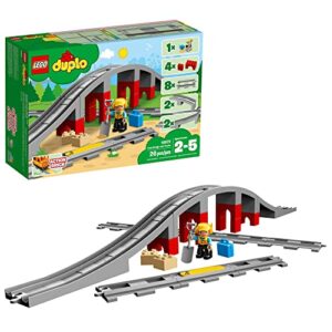 lego duplo town train bridge and tracks 10872 - toy set for kids and toddlers, railway building bricks set with a bridge, figure, and horn sound action brick, great gift for boys and girls