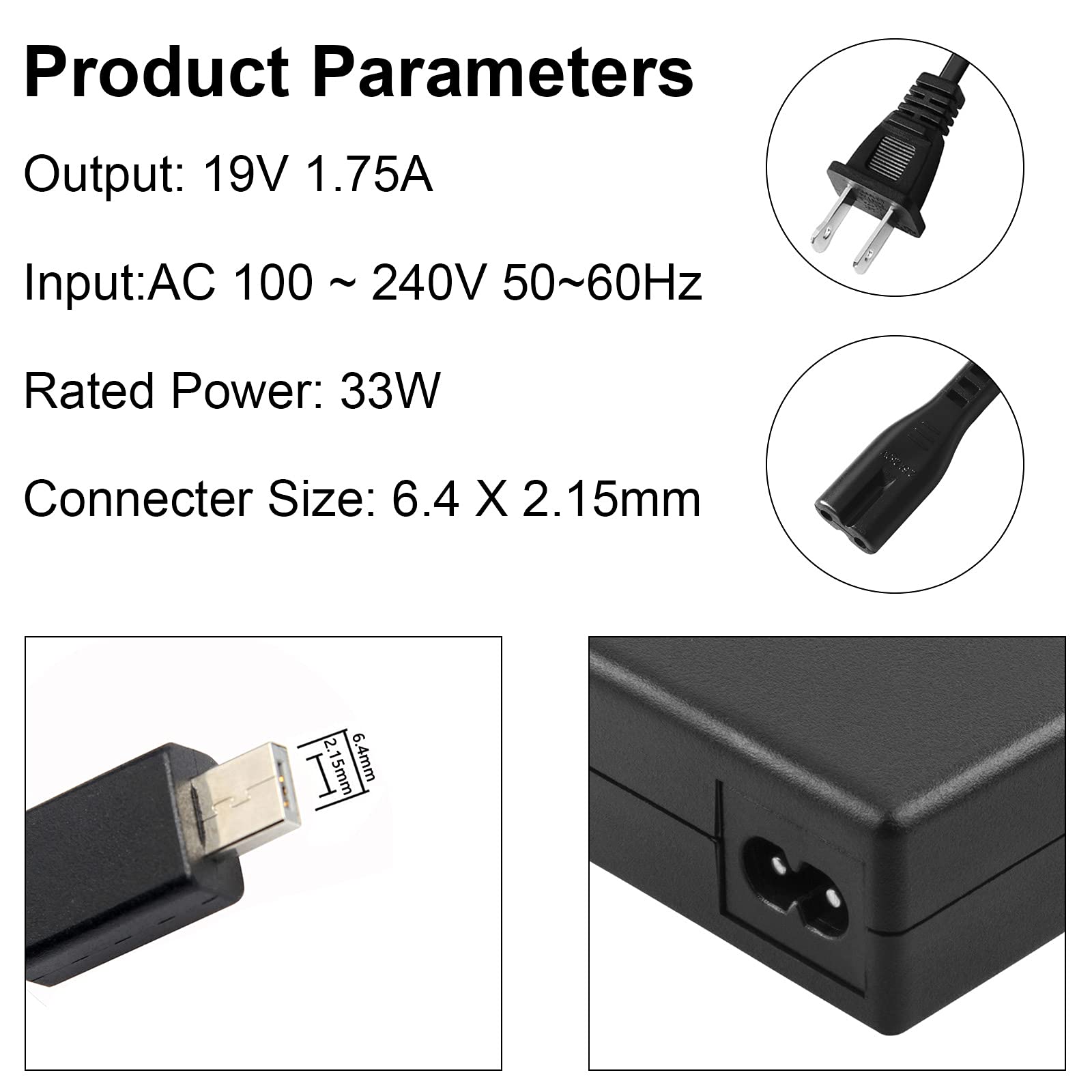 Laptop Charger for Asus Vivobook e200 e202 e202s e202sa e205sa e200h e200ha f205ta eeebook x205 x205t x205ta chromebook c201 c201pc c201pa 201pa 33w 19v 1.75a