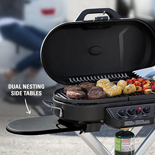 Coleman RoadTrip 285 Portable Stand-Up Propane Grill, Gas Grill with 3 Adjustable Burners and Instastart Push-Button Ignition; Grease Tray, Side Tables, Thermometer, Folding Legs & Wheels Included