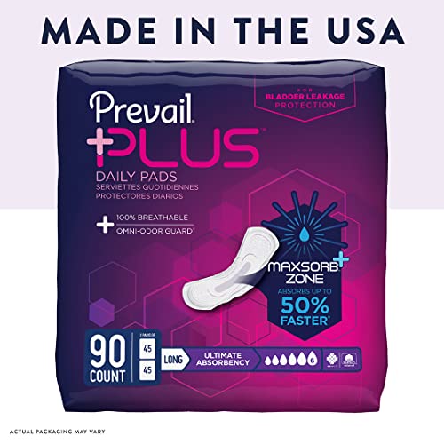 Prevail Plus | Long Length Incontinence Bladder Control Pads | Ultimate Absorbency | 90 Count (2 packs or 45)