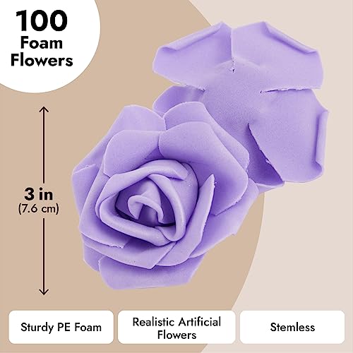 100 Pack Purple Artificial Flowers, Bulk Stemless Fake Foam Roses for Wedding, Decorations, Bouquets (3 in)