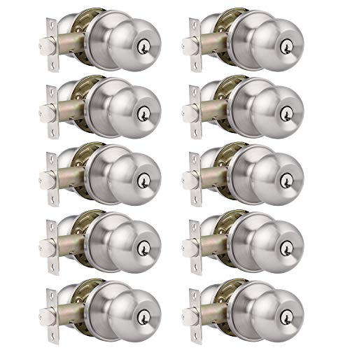 Probrico（10 Pack Entry Door Knob Keyed Alike,Satin Nickel Finish Door Lock Handle,Entry Door Lock/Ball Door knobs with Lock and Same Key,Entrance Knob[Lock with 3 Combo Keys] for Office or Front Door